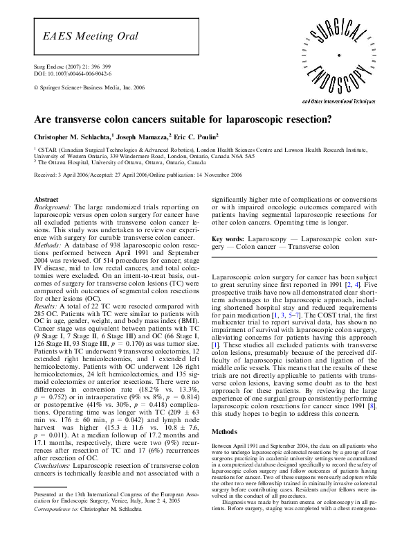 (PDF) Are transverse colon cancers suitable for laparoscopic resection?