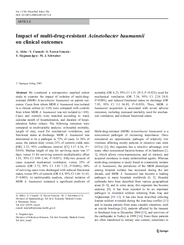 (PDF) Impact of multi-drug-resistant Acinetobacter baumannii on clinical outcomes