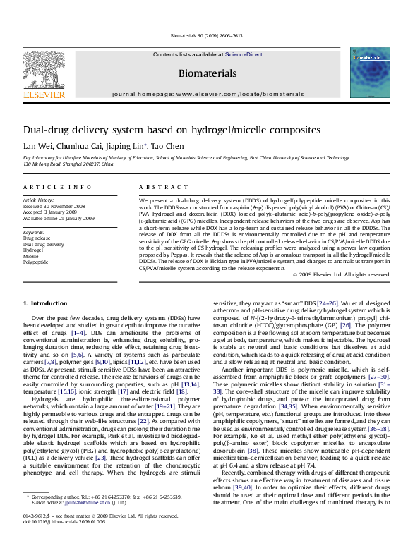 (PDF) Dual-drug delivery system based on hydrogel/micelle composites