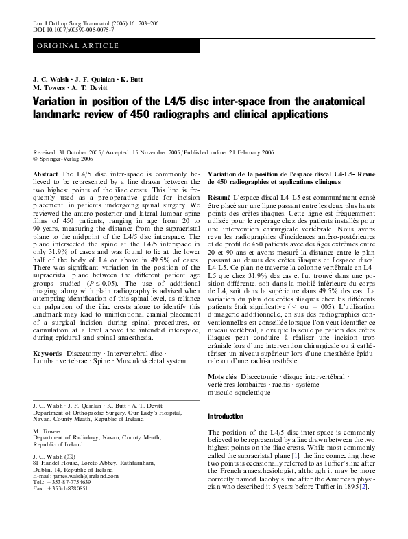(PDF) Variation in position of the L4/5 disc inter-space from the ...