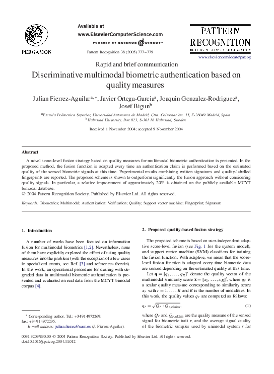(PDF) Discriminative multimodal biometric authentication based on quality measures
