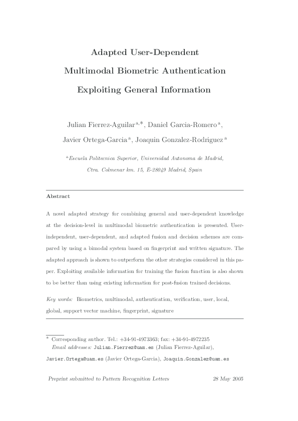 (PDF) Adapted user-dependent multimodal biometric authentication exploiting general information