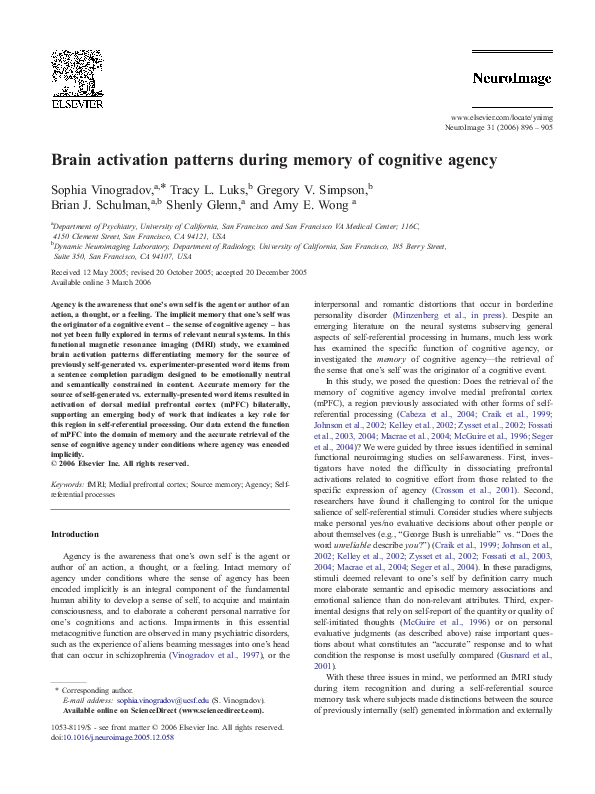 (PDF) Brain activation patterns during memory of cognitive agency
