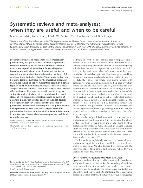 (PDF) Systematic reviews and meta-analyses: when they are useful and ...