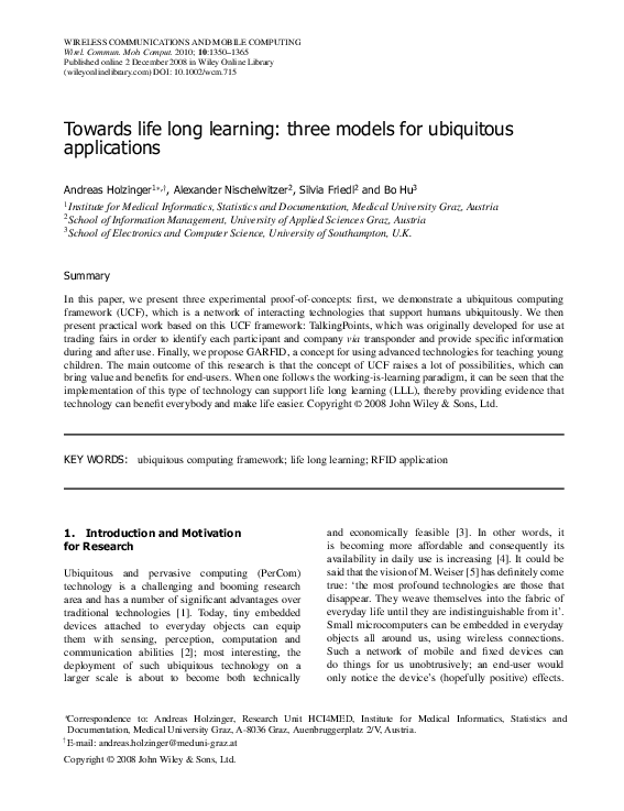 (PDF) Towards life long learning: three models for ubiquitous applications