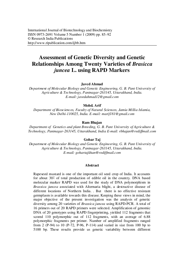 (PDF) Assessment of Genetic Diversity and Genetic Relationships Among Twenty Varieties of ...