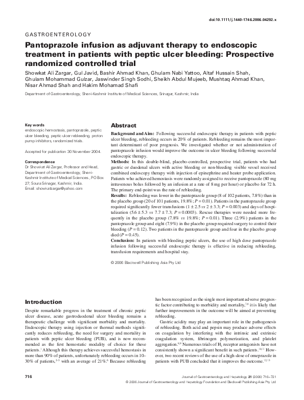 (PDF) Pantoprazole infusion as adjuvant therapy to endoscopic treatment ...