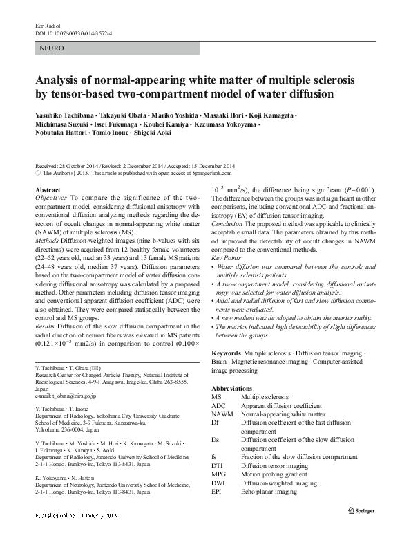(PDF) Analysis of normal-appearing white matter of multiple sclerosis by tensor-based two ...