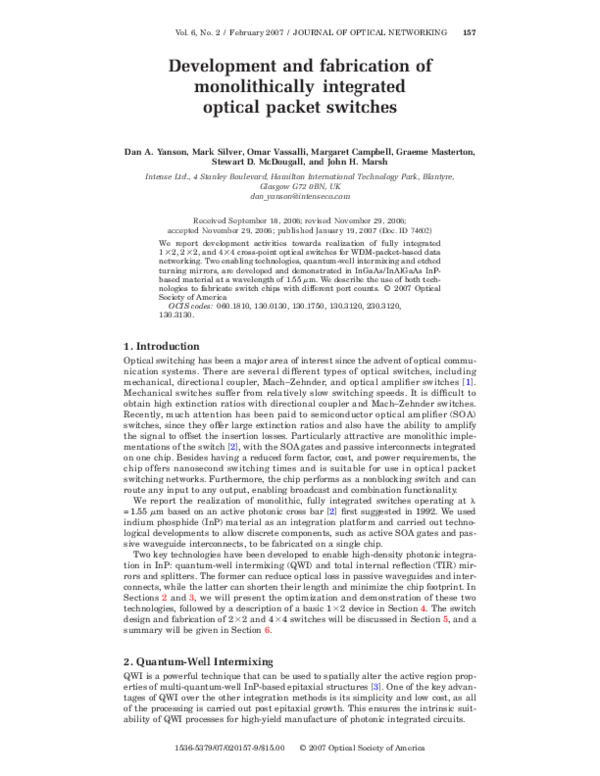 (PDF) Development and fabrication of monolithically integrated optical packet switches