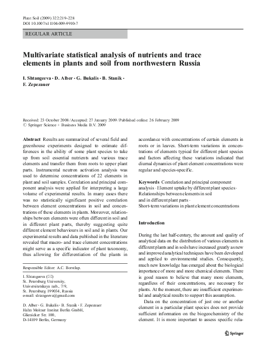 (PDF) Multivariate statistical analysis of nutrients and trace elements in plants and soil from ...