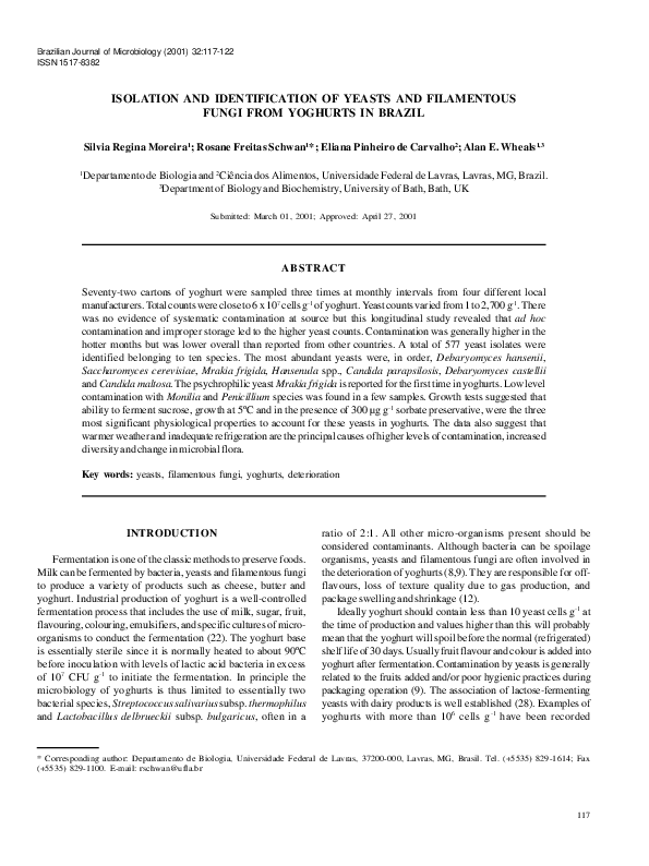 (PDF) Isolation and identification of yeasts and filamentous fungi from yoghurts in Brazil