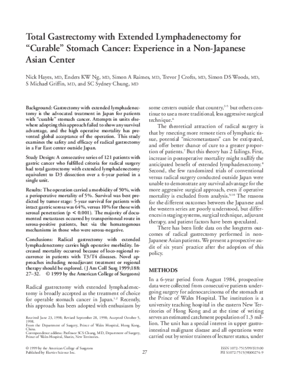 (PDF) Total gastrectomy with extended lymphadenectomy for “curable ...