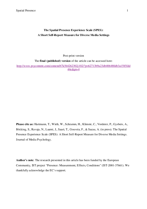 (PDF) The Spatial Presence Experience Scale (SPES)