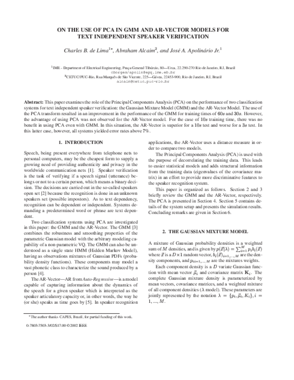 (PDF) On the use of PCA in GMM and AR-vector models for text independent speaker verification