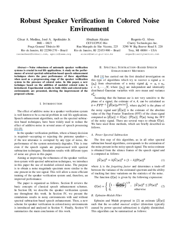 (PDF) Robust speaker verification in colored noise environment | Abraham Alcaim, # Apolin, and ...