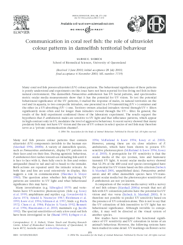 (PDF) Communication in coral reef fish: the role of ultraviolet colour ...