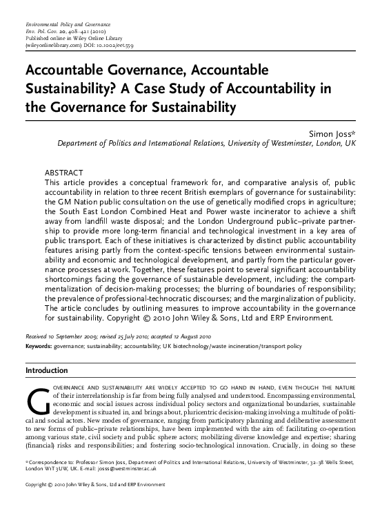 (PDF) Accountable Governance, Accountable Sustainability? A Case Study ...