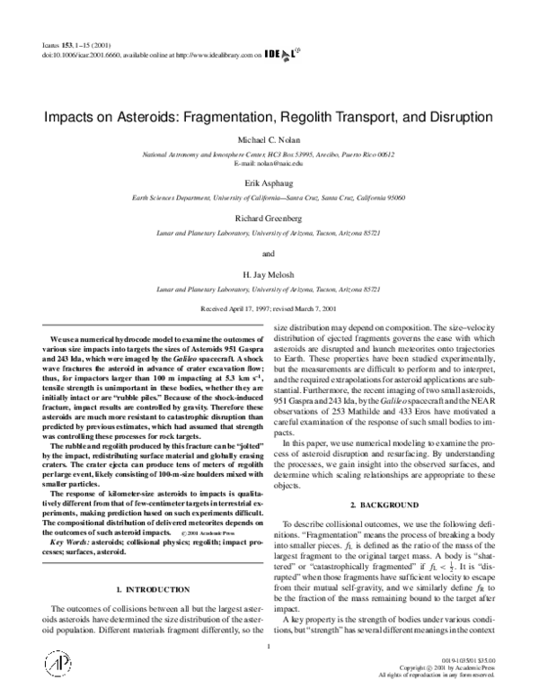 (PDF) Impacts on Asteroids: Fragmentation, Regolith Transport, and Disruption | Michael Nolan ...
