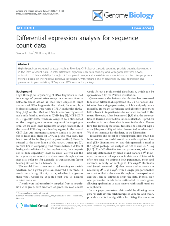 Pdf Differential Expression Analysis For Sequence Count Data