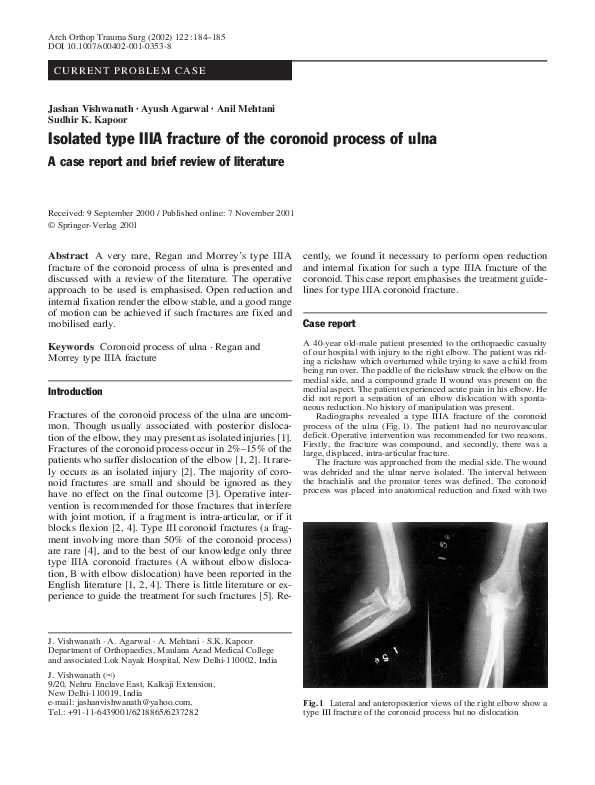 (PDF) Isolated type IIIA fracture of the coronoid process of ulna
