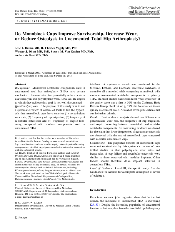 (PDF) Do Monoblock Cups Improve Survivorship, Decrease Wear, or Reduce ...