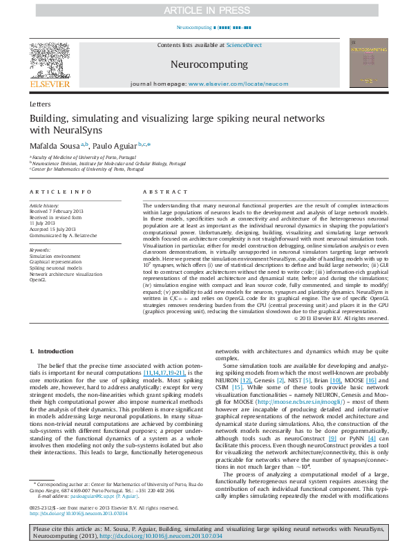 (PDF) Building, simulating and visualizing large spiking neural networks with NeuralSyns
