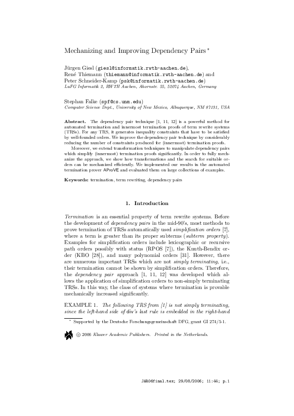 (PDF) Mechanizing and Improving Dependency Pairs