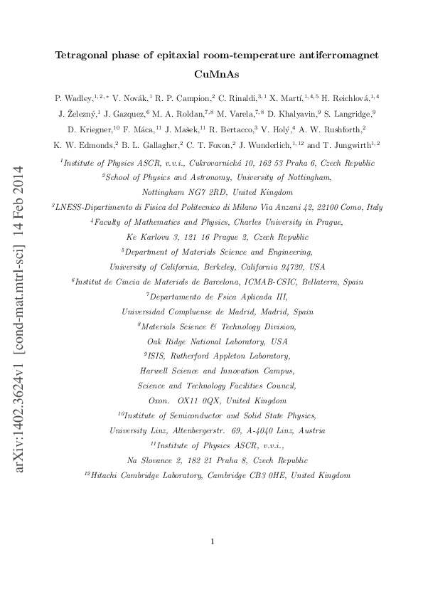 (PDF) Tetragonal phase of epitaxial room-temperature antiferromagnet CuMnAs