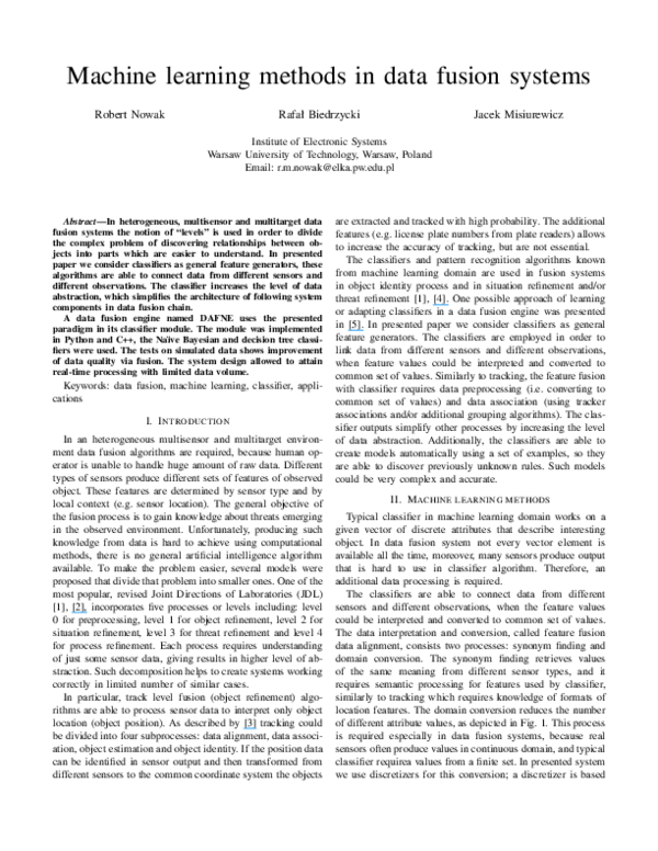 (PDF) Machine learning methods in data fusion systems