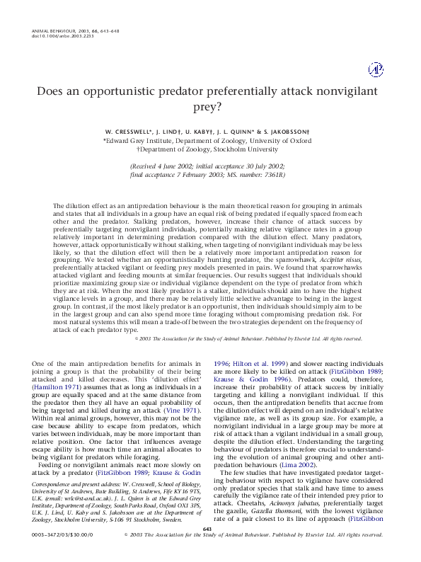 (PDF) Does an opportunistic predator preferentially attack nonvigilant ...