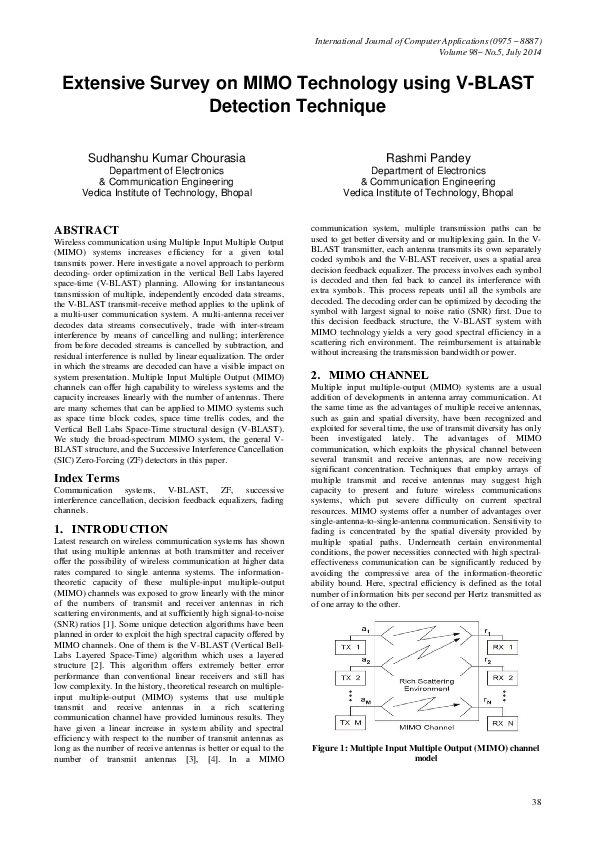 (PDF) Extensive Survey on MIMO Technology using V-BLAST Detection Technique