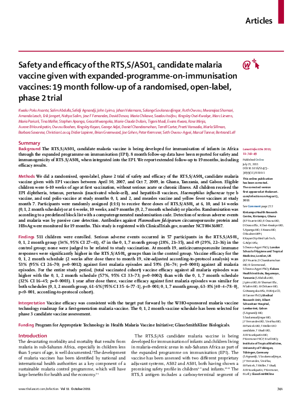 (PDF) Safety and efficacy of the RTS,S/AS01E candidate malaria vaccine ...
