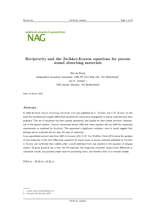 (PDF) Reciprocity and the Zwikker-Kosten equations for porous sound ...