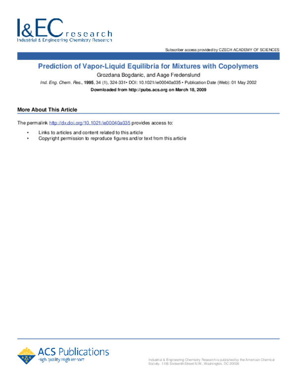 (PDF) Prediction of Vapor-Liquid Equilibria for Mixtures with Copolymers