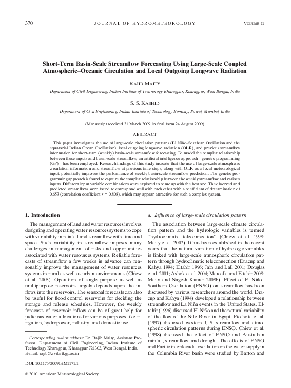 Pdf Short Term Basin Scale Streamflow Forecasting Using Large Scale Coupled Atmospheric