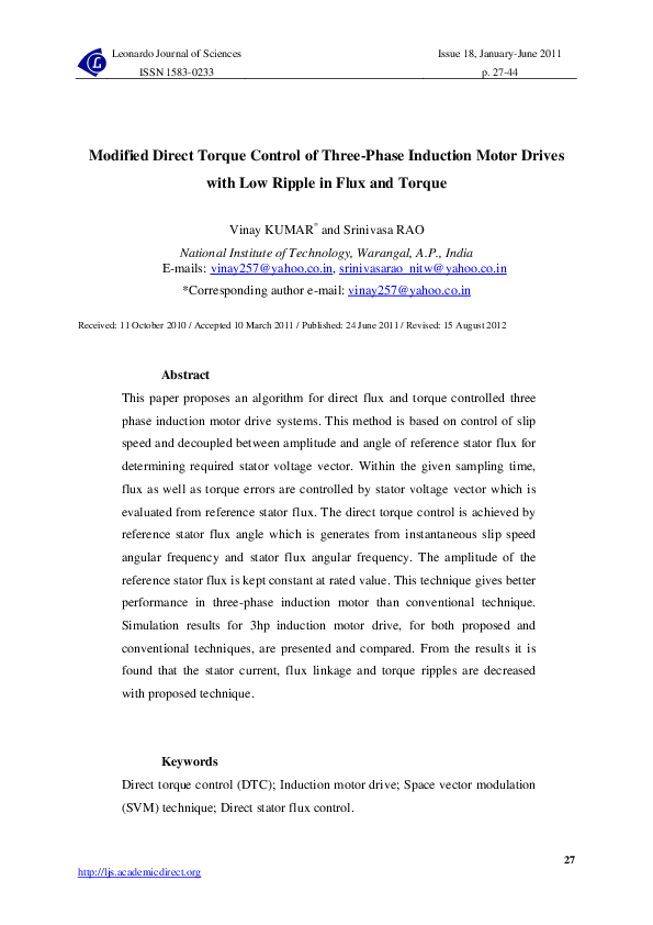 Modified Direct Torque Control Of Three Phase Induction Motor Drives