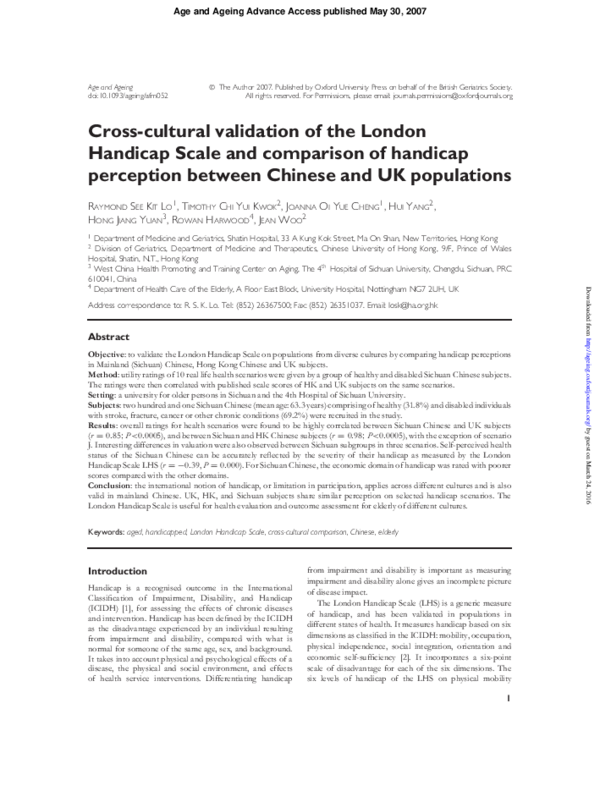 (PDF) Cross-cultural validation of the London Handicap Scale and ...