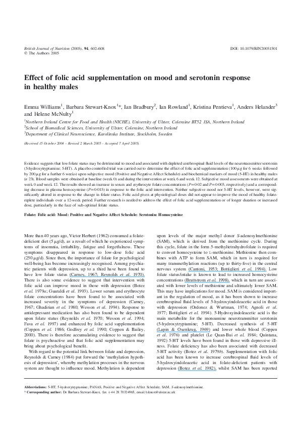 (PDF) Effect of folic acid supplementation on mood and serotonin ...