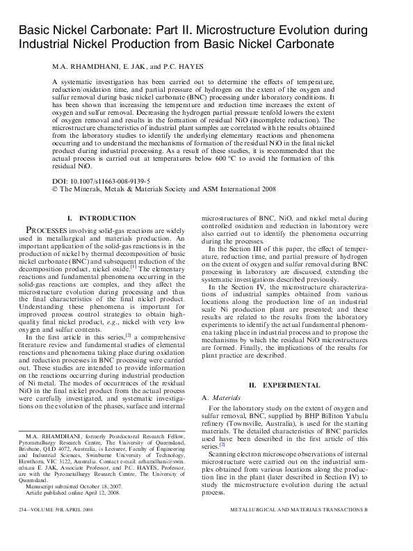 (PDF) Basic Nickel Carbonate: Part II. Microstructure Evolution during ...