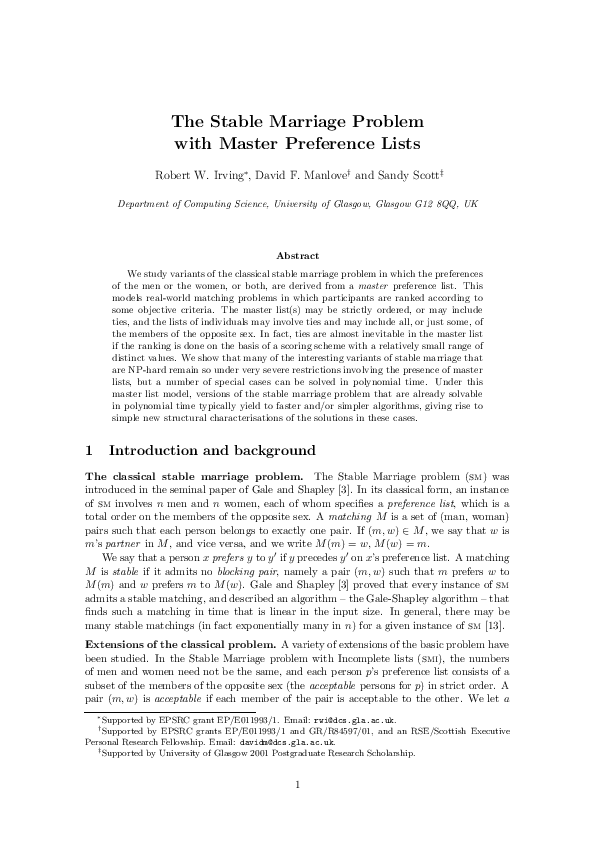 (PDF) The stable marriage problem with master preference lists