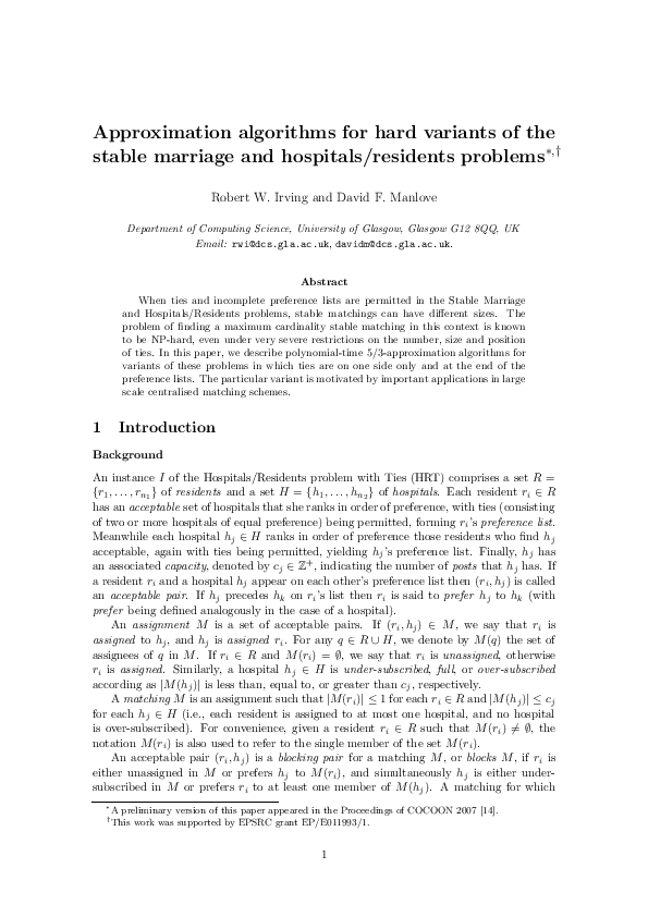 (PDF) Approximation algorithms for hard variants of the stable marriage and hospitals/residents ...