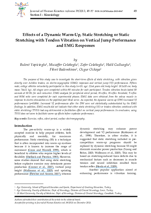 (PDF) Effects of a Dynamic Warm-Up, Static Stretching or Static Stretching with Tendon Vibration ...