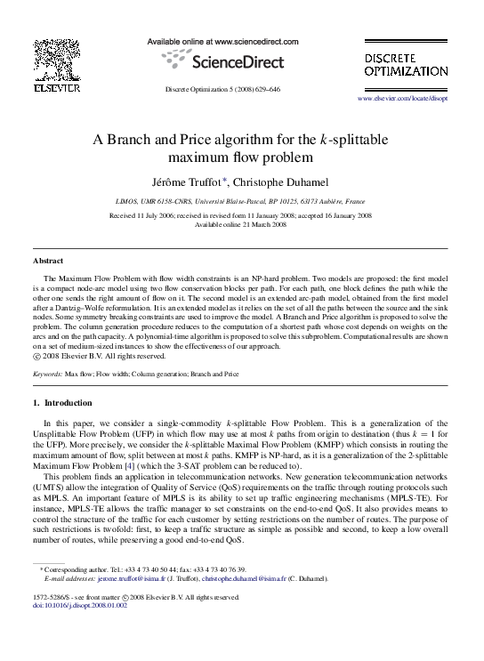 (PDF) A Branch and Price algorithm for the -splittable maximum flow problem