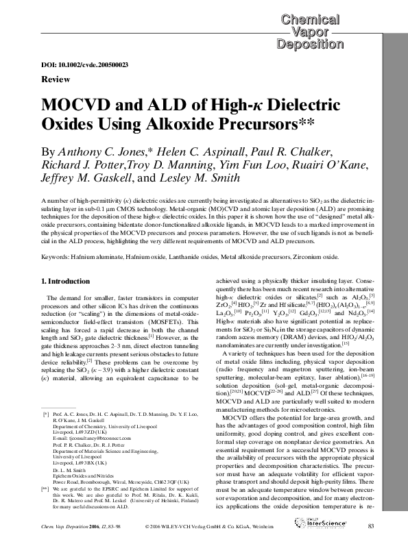 (PDF) MOCVD and ALD of High-k Dielectric Oxides Using Alkoxide Precursors