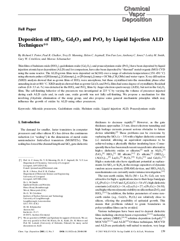 (PDF) Deposition of HfO2, Gd2O3 and PrOx by Liquid Injection ALD Techniques