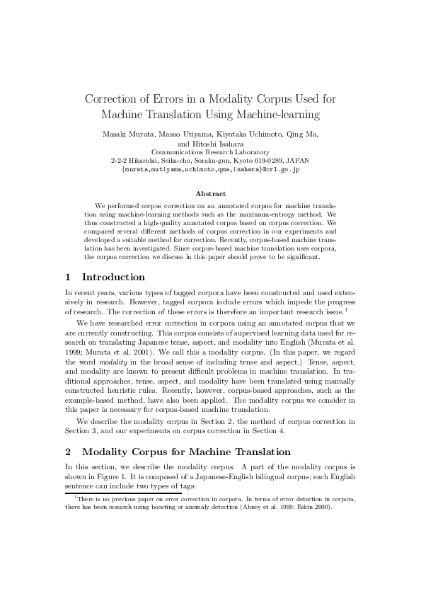 Pdf Correction Of Errors In A Modality Corpus Used For Machine Translation By Using Machine