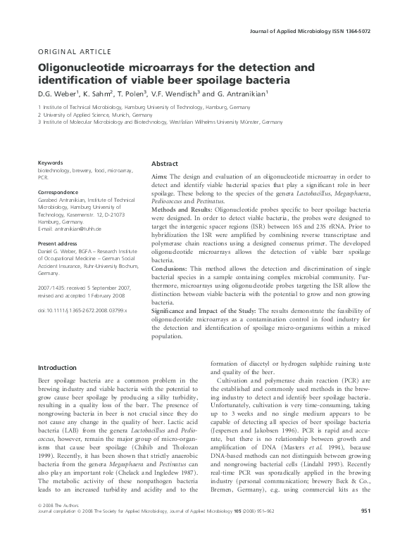 (PDF) Oligonucleotide microarrays for the detection and identification of viable beer spoilage ...