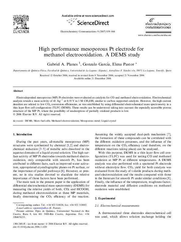 Pdf High Performance Mesoporous Pt Electrode For Methanol