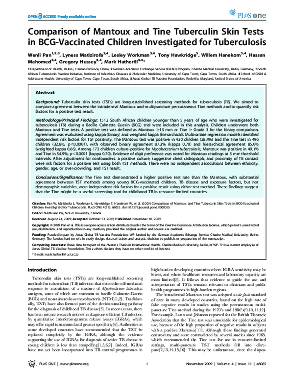 (PDF) Comparison of Mantoux and Tine Tuberculin Skin Tests in BCG ...