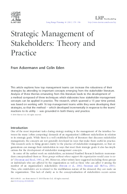 (PDF) Strategic management of stakeholders: Theory and practice